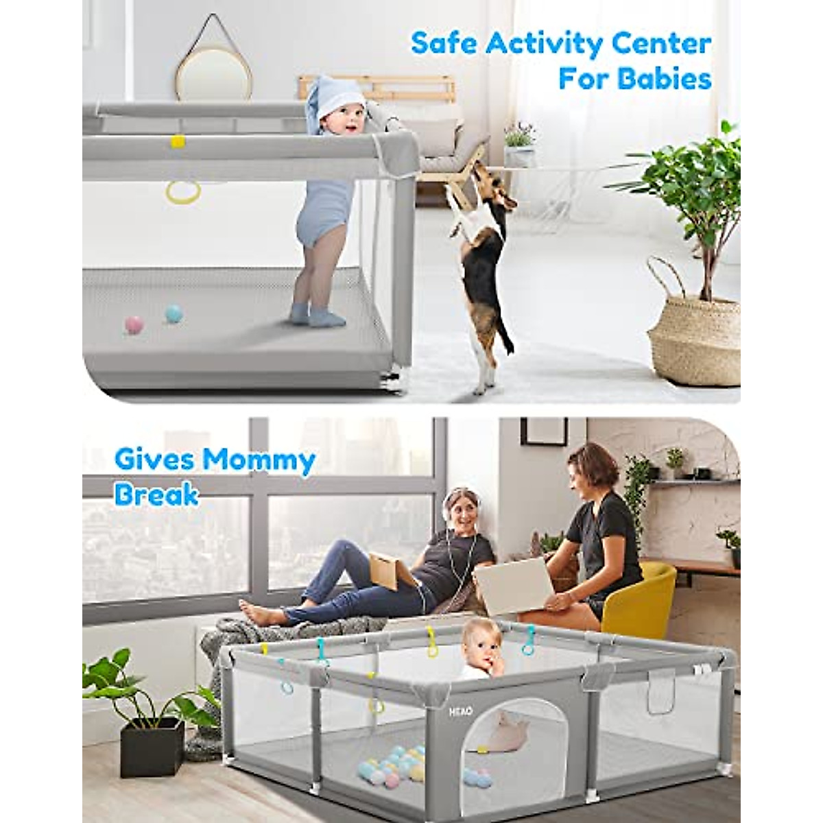 HEAO Baby Playpen for Toddler, Large Baby Playard 79 "X 59", Sturdy Play Yard with Soft Breathable Mesh, Safety Playpen for Babies, with 30 Pits Balls&Anti-Slip Base&6 Pull Rings, Light Grey