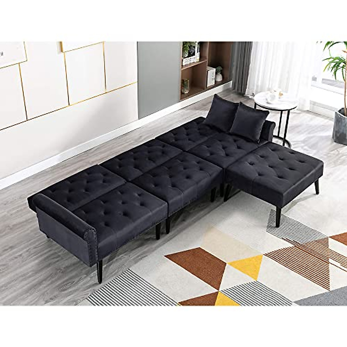 ivinta Convertible Velvet Sofa Couch, Sectional Sofa with Ottoman, Mid-Century Upholstered Comfy Sofa Bed, Queen Sleeper Sofa for 4-Seater, Modular Sofa for Living Room (Black)