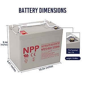 NPP NPD12-80Ah 12V 80Ah Group 24 AGM Deep Cycle Rechargeable Battery for Backup Sump Pump, Trolling Motor, Solar System, Mobility Wheelchair, General Use