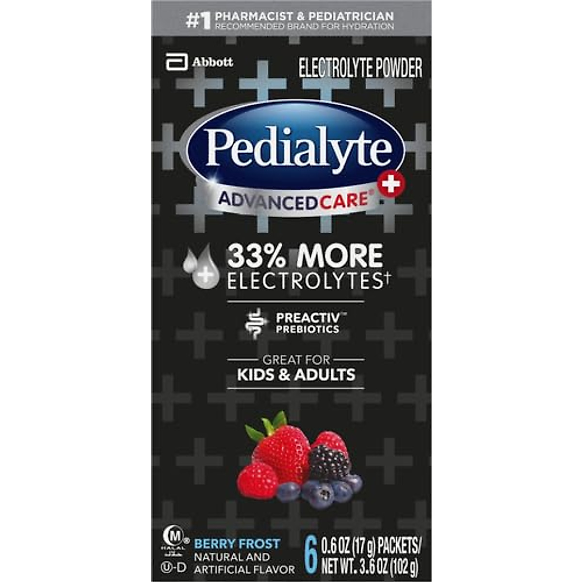 Pedialyte AdvancedCare Plus Electrolyte Powder, with 33% More Electrolytes and PreActiv Prebiotics, Berry Frost, Electrolyte Drink Powder Packets, 0.6 oz, 6 Count