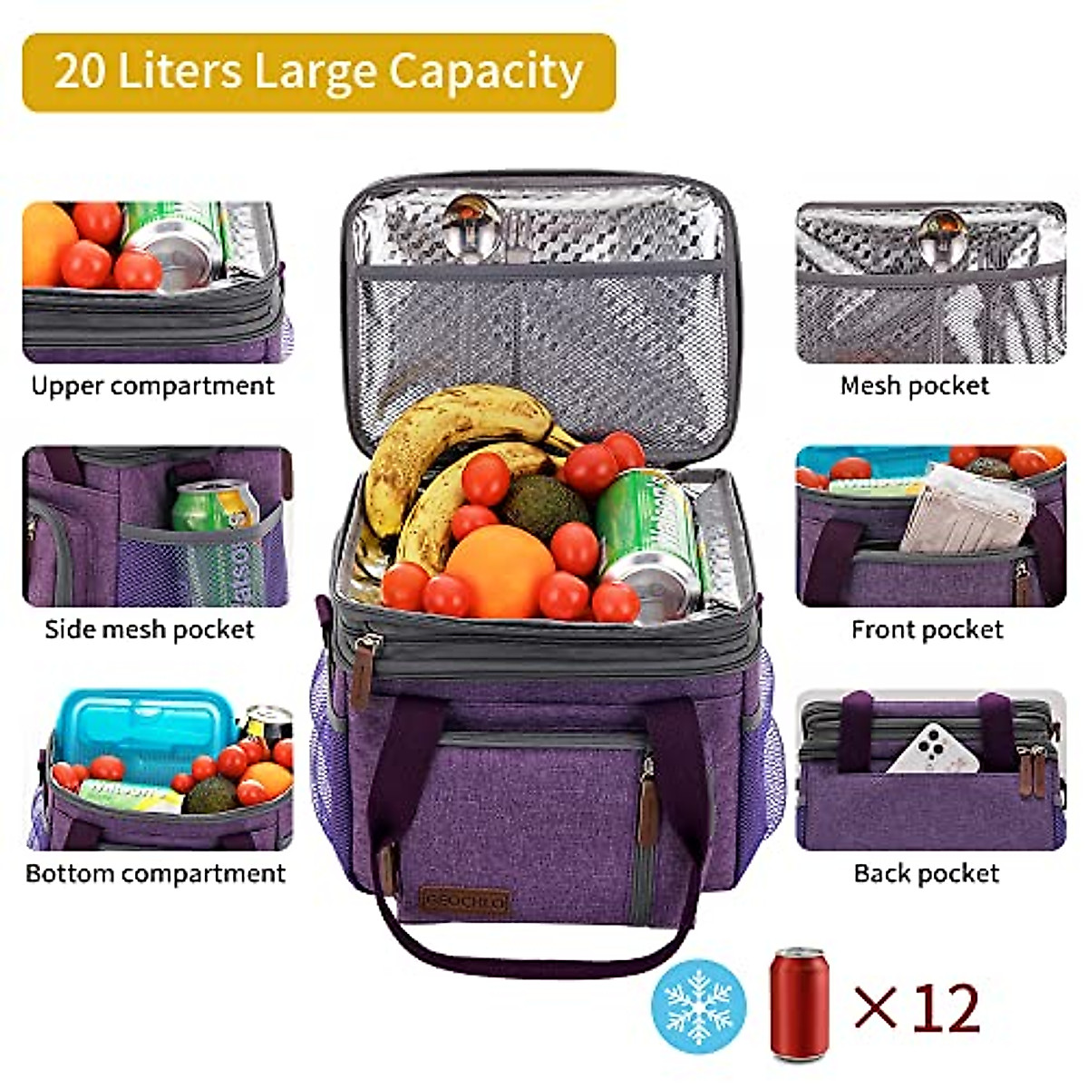 Geochlo Insulated Lunch Bag for Women Men, Lunch Box Leakproof Cooler Tote with Shoulder Strap for Work Picnic School (Purple)