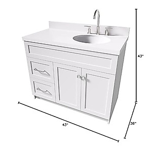 ARIEL Hamlet 43 Inch White Bathroom Vanity with Sink, 1.5" Edge Quartz Countertop, Solid Wood, Right Oval Sink, 2 Soft-Closing Doors & 2 Full Extension Drawers, Toe Kick