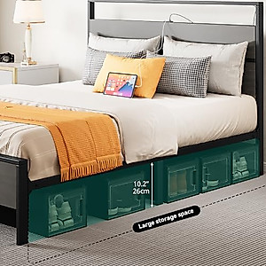 YITAHOME Queen Size Bed Frame, LED Bed Frame with 2 USB Ports, Platform Bed Frame with 10.2” Under Bed Storage Clearance, Strong Metal Slats Support, No Box Spring Needed, Black Brown