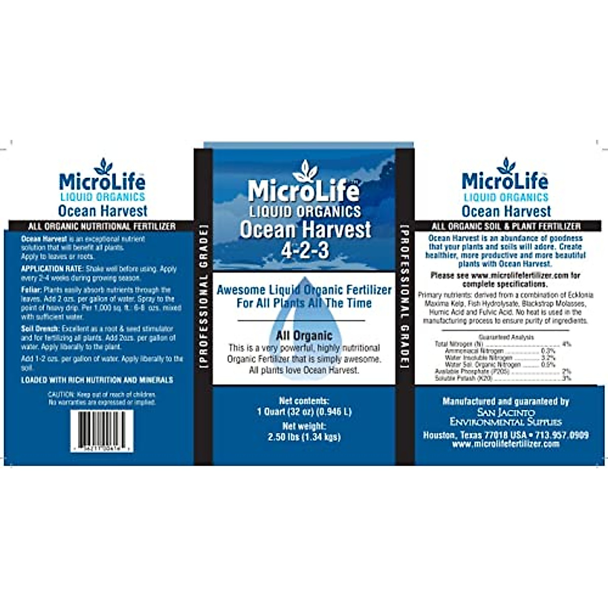 MicroLife Ocean Harvest (4-2-3) Professional Grade Organic Liquid Fertilizer Concentrate for All Plants All the Time, 1 Quart
