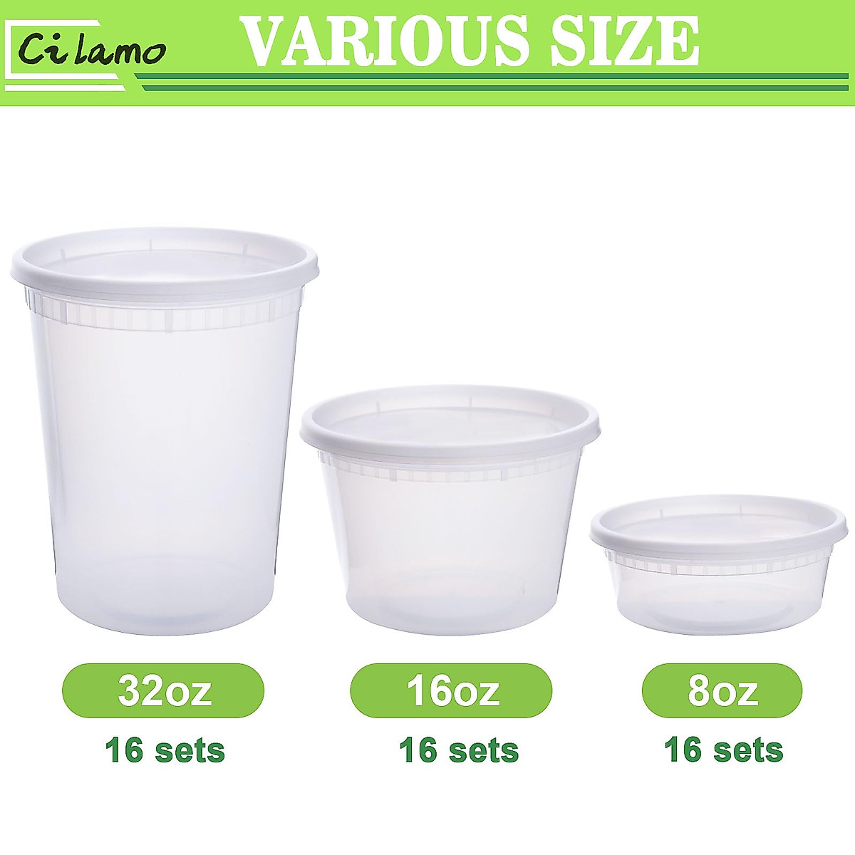 Deli Containers with Lids 48 Sets [8,16, 32 oz 16 Each ] - Disposable Soup Containers with Lids Freezer Safe, Plastic Containers for Restaurant, BPA Free | Portion Control | Leakproof | Microwave