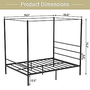 GOFLAME Full Size Metal Canopy Platform Bed Frame, Modern Canopy Bed with 4 Posters, Underbed Storage, Mattress Foundation with Steel Slat Support and Headboard, Easy Assembly, No Box Spring Needed