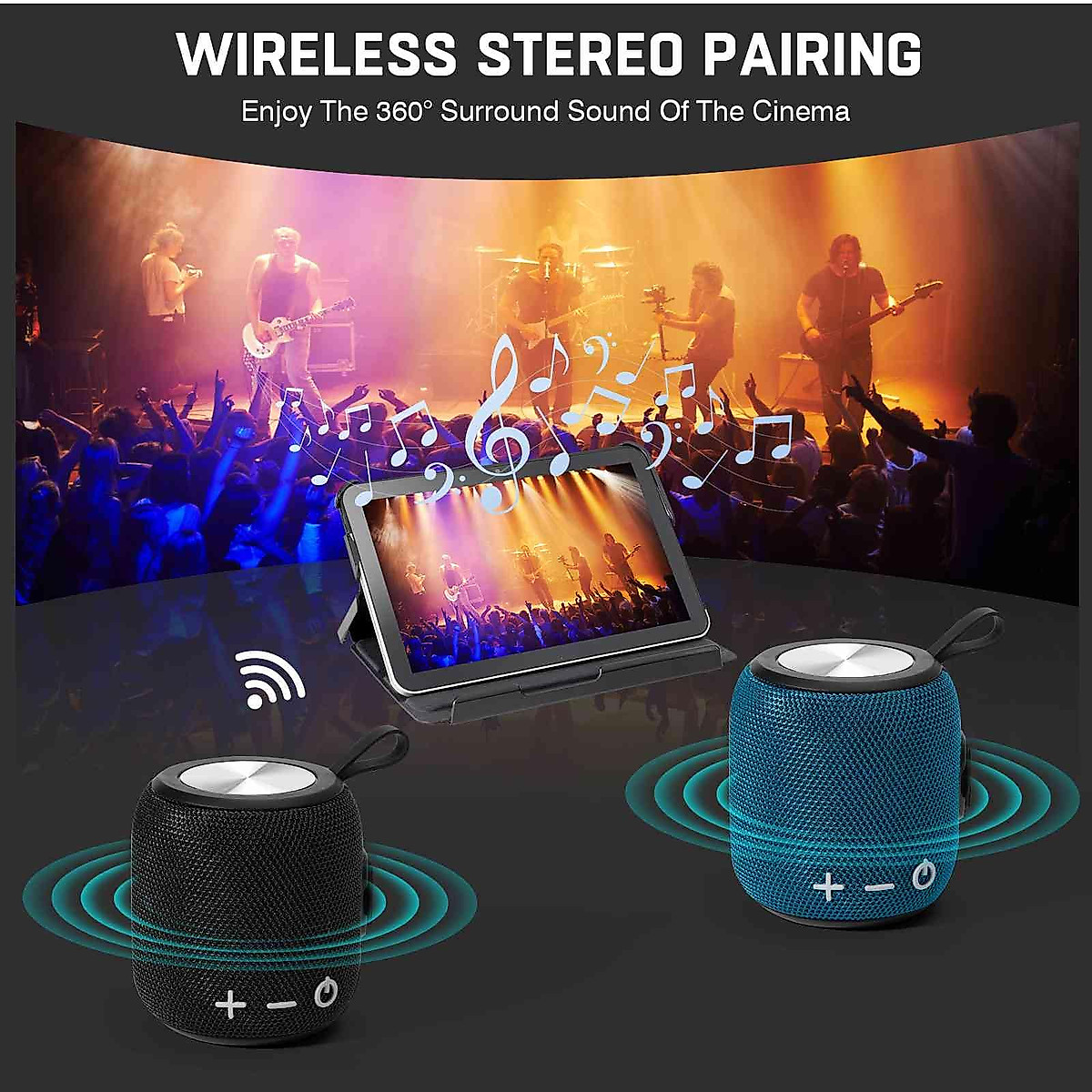 Bluetooth Speaker: Powerful Stereo Sound, IPX7 Waterproof, True Wireless Stereo Pairing, Portable Design, Latest Bluetooth V5.2 - Perfect for Google Pixel 7, Beach, Outdoor, Home, Parties- Black