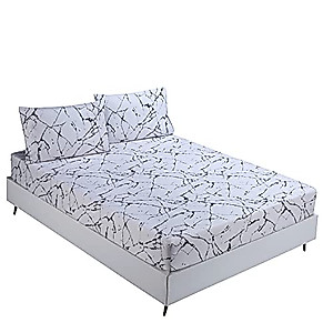 MAG Marble Bed Sheet 3Pcs White Queen Size Modern Pattern Printed Bedding Sheet Set with 1*Bottom Fitted Sheet with 2*Pillowcases, 14 Inches Deep (White, Queen)