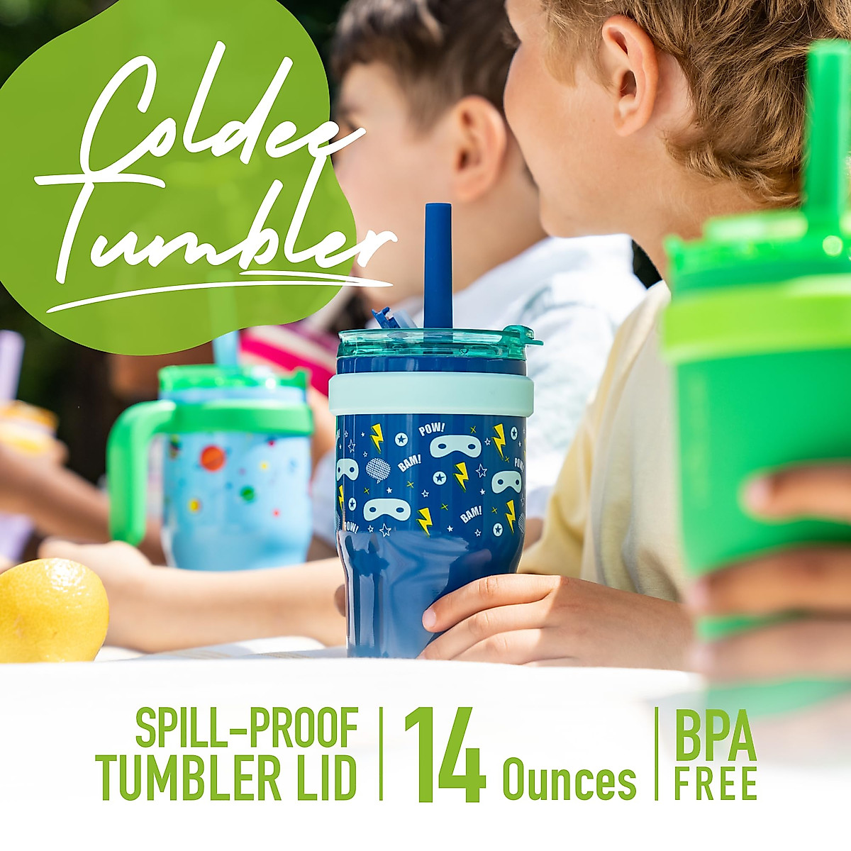 REDUCE 14 Oz Coldee Kids Tumbler with Lid and Straw - Coldee Insulated Travel Mug - Spill-Proof, Sweatproof Stainless Steel, BPA-Free - Includes Handle, Reusable Silicone Straw - Nautical Mist