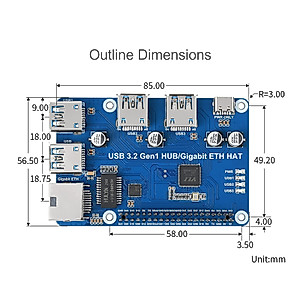 waveshare 3 Ports USB 3.2 Gen1 Hub HAT for Raspberry Pi, with 1000M/100M/10M Gigabit Ethernet Port, USB 3.2 Gen1 Ports Compatible with USB 3.0/2.0/1.1, Driver-Free, Plug & Play