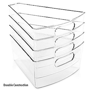 Oubonun Lazy Susan Organizers Set of 4, 10.2”x 9.4”x 4” Plastic Transparent Kitchen Cabinet Storage Bins with Handle, 4" Deep Container, 1/8 Wedge - Food Safe, BPA Free.