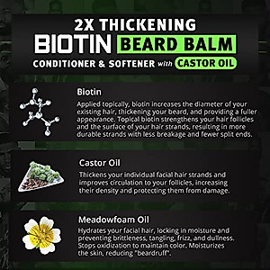 2X Thickening BIOTIN Beard Balm for Men / Mustache Wax for Thicker Facial Hair Growth - Leave in Conditioner - Softener - Moisturizer - All Natural Care Treatment - Castor Oil - BBS USA Vegan Product