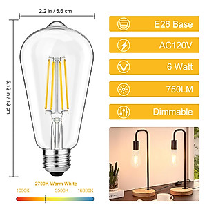 Svater 4-Pack Vintage LED Edison Bulbs 60W Equivalent, 6W ST58 2700K Warm White Antique LED Filament Bulbs, E26 Medium Base, Clear Glass Style for Home and Commercial, Dimmable