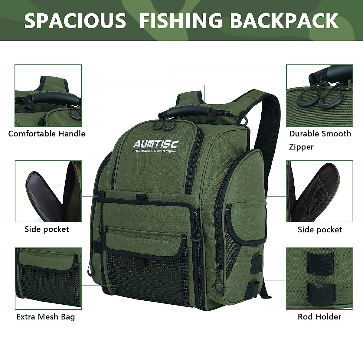 AUMTISC Fishing Tackle Backpack with 4 Tackle Boxes, Rod Holder, Protective Rain Cover, Waterproof Large Fishing Tackle Gear Bag for Fishing, Camping, Hiking (Black, Green, Camouflage)