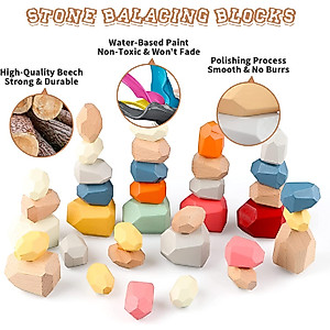 AAA777USA Montessori Stacking Wooden Rocks Balancing Stone Preschool Educational Sensory Toys for Toddlers 3 4 5 Year Boys and Girls – Building Block Set 36 pcs