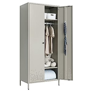 CJF Metal Storage Cabinet, Wardrobe Armoire Closet with Hanging Rod for Bedroom/Laundry Room