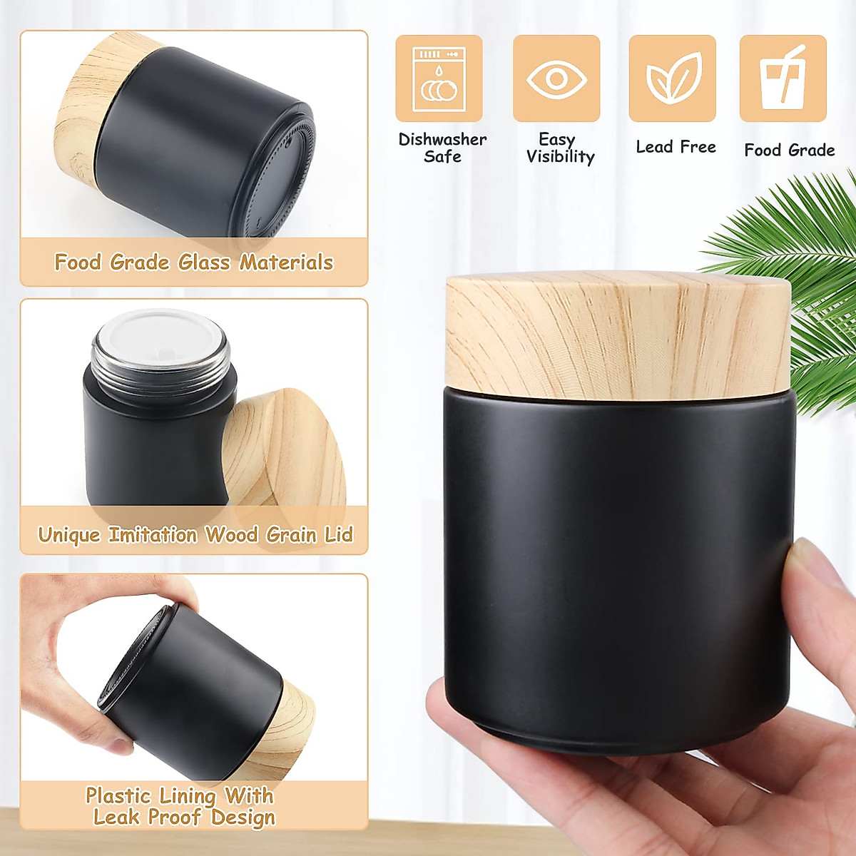 Furnido 6 Pack 8 oz Black Round Glass Jars,Empty Glass Cosmetic Containers with Plastic Wood Grain Lid,Inner Liners for Lotion,Powders,Ointments,Storage Creams,Candle Making