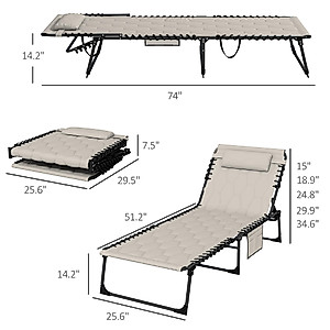 Outsunny Folding Chaise Lounge Set of 2 with 5-Level Reclining Back, Outdoor Lounge Tanning Chair with Padded Seat, Side Pocket & Headrest for Beach, Yard, Patio, Khaki
