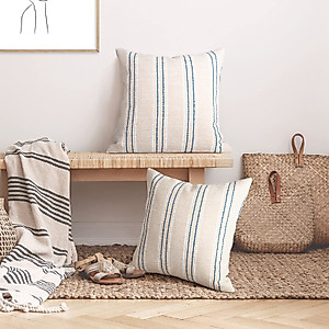 AELS 18x18 Decorative Farmhouse Linen Throw Pillow Covers, Boho Textured Pillow Case, Set of 2,Beige with White & Navy Blue Stitch Yarn Dyed Stripe Cushion Cover for Sofa Couch Living Room(Cover ONLY)