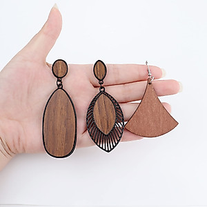 Sailimue 12 Pairs Wood Earrings for Women Natural Wooden Earrings Geometric Lightweight Drop Dangle Earrings Ethnic Style Statement Earrings