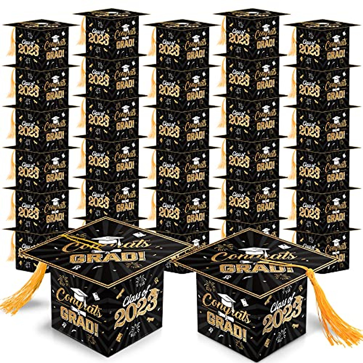 Graduation Party Favor 36 PCS Graduation Candy Boxes Black Gold Class of 2023 Congrats Grad Cap Shaped Favor Boxes Sweet Chocolate Gift Box with Tassels for 2023 Graduation Gifts Ceremony Party Decoration
