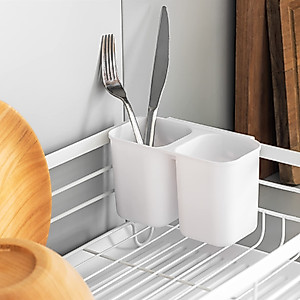 Navaris Dish Drainer Rack - Plate, Cutlery, Pots and Pans Drying Rack for Kitchen - Modern Retro Design Drip Tray with Metal Rack - White