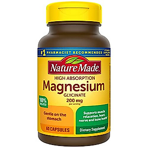 Nature Made Magnesium Glycinate 200 mg per Serving, Dietary Supplement for Muscle, Heart, Nerve and Bone Support, 60 Capsules, 30 Day Supply