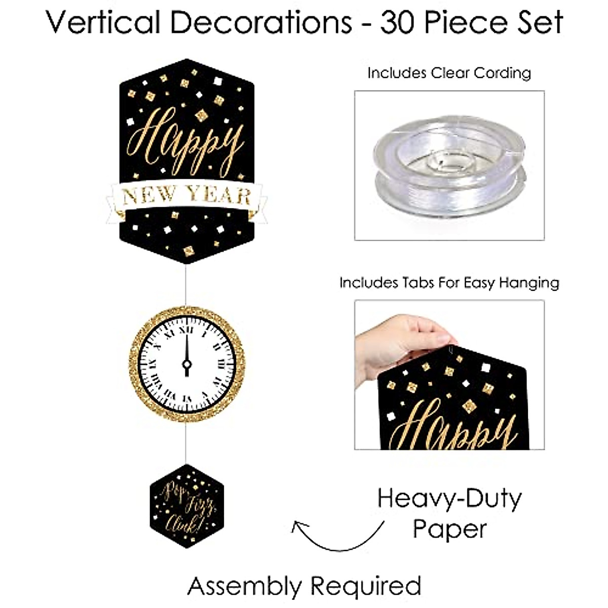 Big Dot of Happiness New Year’s Eve - Gold - New Years Eve Party DIY Dangler Backdrop - Hanging Vertical Decorations - 30 Pieces