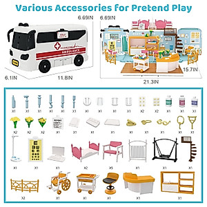 Dollhouse Playset for Girls - Kids Pretend Play Doll House Toy Doctor Kit Hospital Accessories, Portable Critter Doll Ambulance Bus Toys for Toddlers Boys Girls Birthday Gifts 3 4 5 6 Year Old