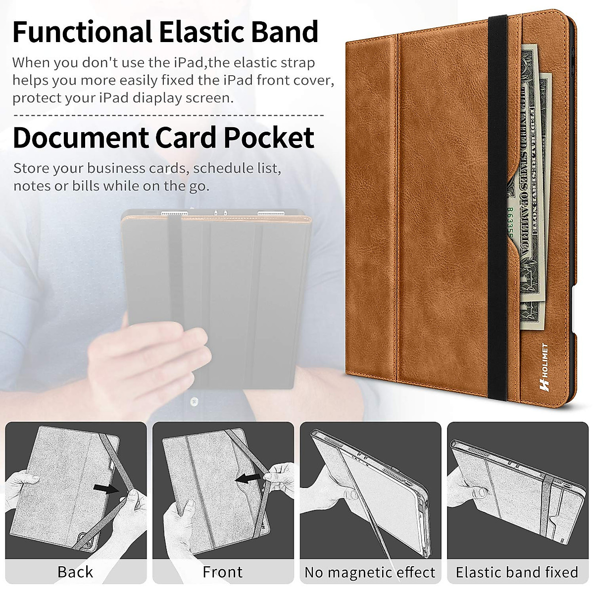 H HOLIMET Case for iPad Pro 11 inch 2022 4th/3rd/2nd/1st Generation 2021/2020/2018 with Pencil Holder PU Leather Protective with Pocket Soft TPU Back Shockproof