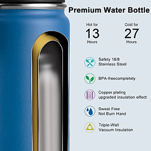 koodee Water Bottle -16 oz Stainless Steel Double Wall Vacuum Insulated Water Bottle for School Wide Mouth Spotrs Flask with Leakproof Spout Lid (Navy)