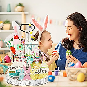 17PCS Easter Tiered Tray Decor Bunny Gnome DIY Wooden Signs Decor With Cute Beads For Home House Room Table Shelf Easter Decorations (Easter)