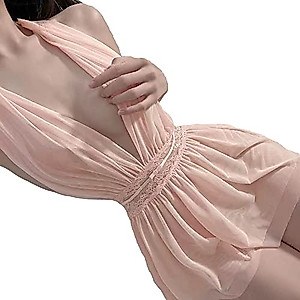 Women Sexy Babydoll Lingerie Dress, Pleated Mini Lingerie Dress Chemise Sleepwear Deep V Lace Sheer Mesh Halter Dress (5-Pink, XL)
