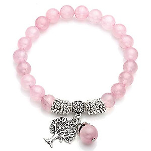 Top Plaza Stretch Rose Quartz Tree of Life Lucky Stone Bracelet Reiki Healing Crystal Gemstone Dangle Charms Pendant Birthstone Bracelet(6.2") Mothers Day Mom Gifts Bracelets
