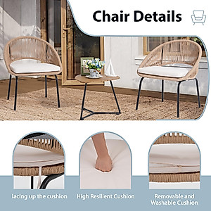 Yangming Patio Furniture Set, 3 Piece Outdoor Bistro Chair Conversation Sets Woven Rope with Wood Coffee Table for Yard Backyard Lawn Garden Porch Backyard Deck Poolside Balcony