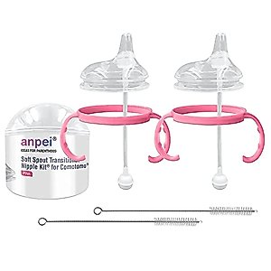 Anpei Sippy Cup Soft Spout Transitional Nipple Kit Bundle Compatible with Comotomo Baby Bottles, 5 oz and 8 oz | Value Bundle 2 Kits + Brushes (Pink)