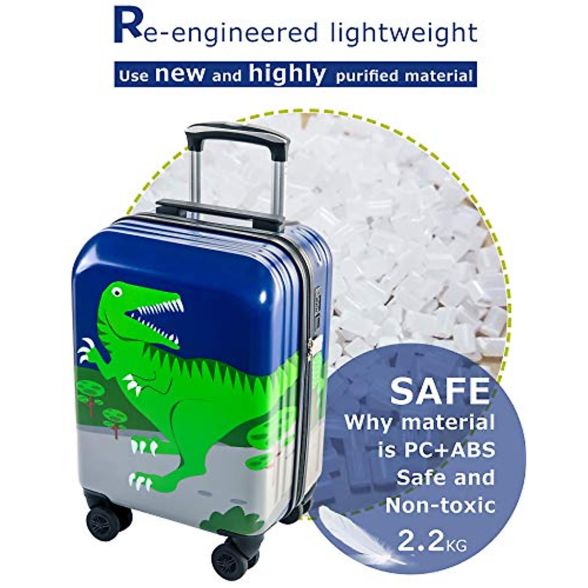 GURHODVO Kids Luggage for boys suitcase with spinner wheels Carry On hard shell Trolley case lightweight travel toys Dinosaur 18