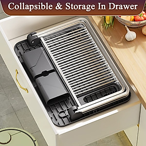 Dish Drying Rack, Rustproof Aluminum Collapsible 2-Tier Dish Drainer Rack with Drainboard and 2 Utensil Holders for Kitchen Counter, Silver Grey