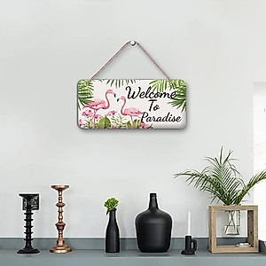 SUPERDANT 2Pcs Wood Door Hanging Sign Plaque Welcome to Paradise Flamingo Hanging Decorative Wood Welcome Sign for Home Front Door Decoration Farmhouse Porch Garden Yard 30x15cm