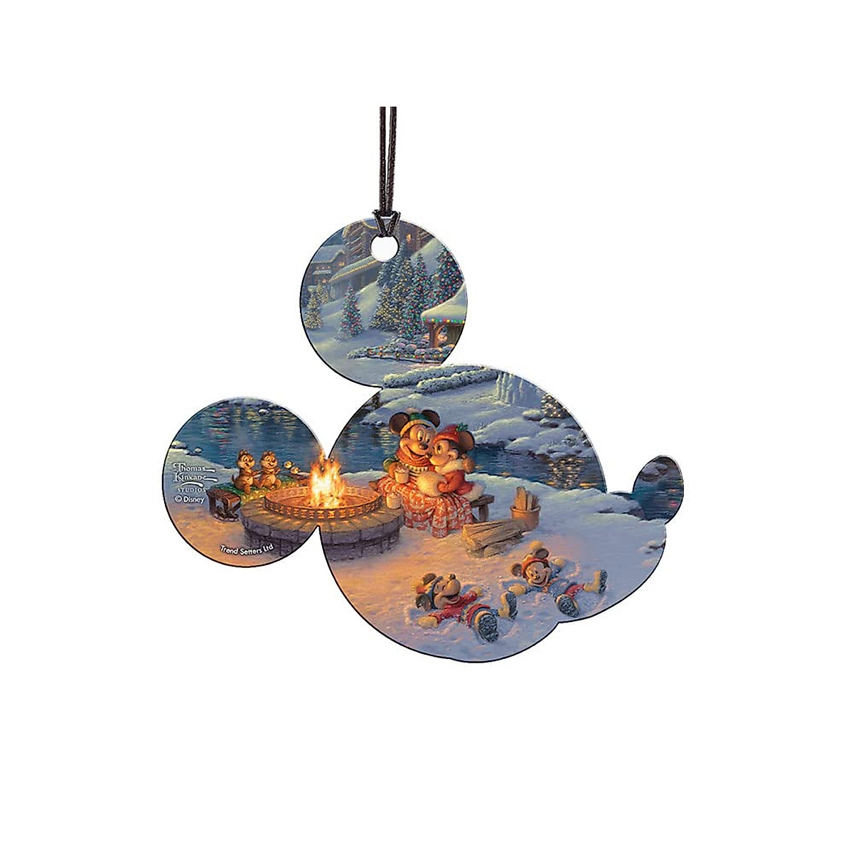Disney – Mickey and Minnie Mouse - Christmas Lodge – Thomas Kinkade Studios - 4” x 3.5” Mickey Ear Shaped Hanging Acrylic Print – Officially Licensed Collectible