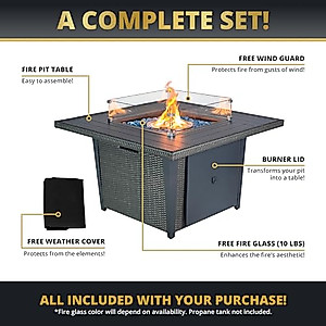 Kinger Home Ethan Rattan 42-Inch Outdoor Patio Propane Gas Fire Pit Table, CSA Certified 50,000 BTU Firepit, Grey Aluminum Frame
