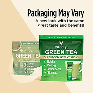 VitaCup Green Tea Instant Packets, Enhance Energy & Detox with Matcha, Moringa, B Vitamins, D3, Fiber, Keto, Paleo, Vegan in Tea Powder Single Serving Sticks, 48 Ct