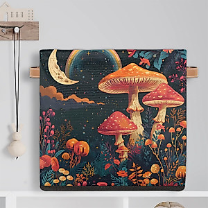 Mardesigns Mushroom Cube Storage Bins 13 x 13 x 13 Inch Botanical Floral Moon Fabric Foldable Storage Cubes Basket Boxes with PU Handles for Shelves Closet Bedroom Organizer Clothes