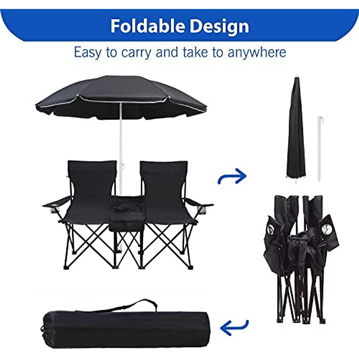 LEADALLWAY Double Camping Chair with Parasol Portable Folding Lawn Chair Support 256 LBS,19''x19''Each seat