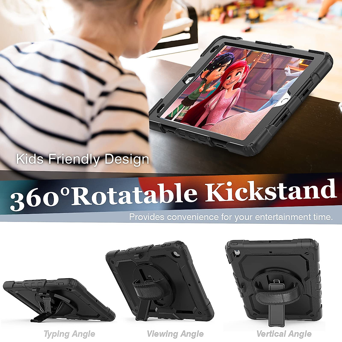 Sibeitu iPad 9th Generation Case 2021 10.2 Inch with Screen Protector & Kickstand, Protective iPad 7th 8th Gen Shockproof Case 2019 2020 Cover with Hand Shoulder Strap, Heavy Duty & Rugged, Black