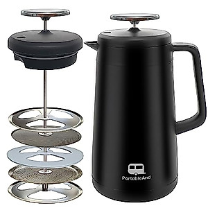 PortableAnd 34oz Double Vacuum Insulation Large Silicone French Press Coffee Maker, 5-Level Filtration, Metal Stainless Steel, Matte Black, Perfect for Camping, Travel, and At-Home Use