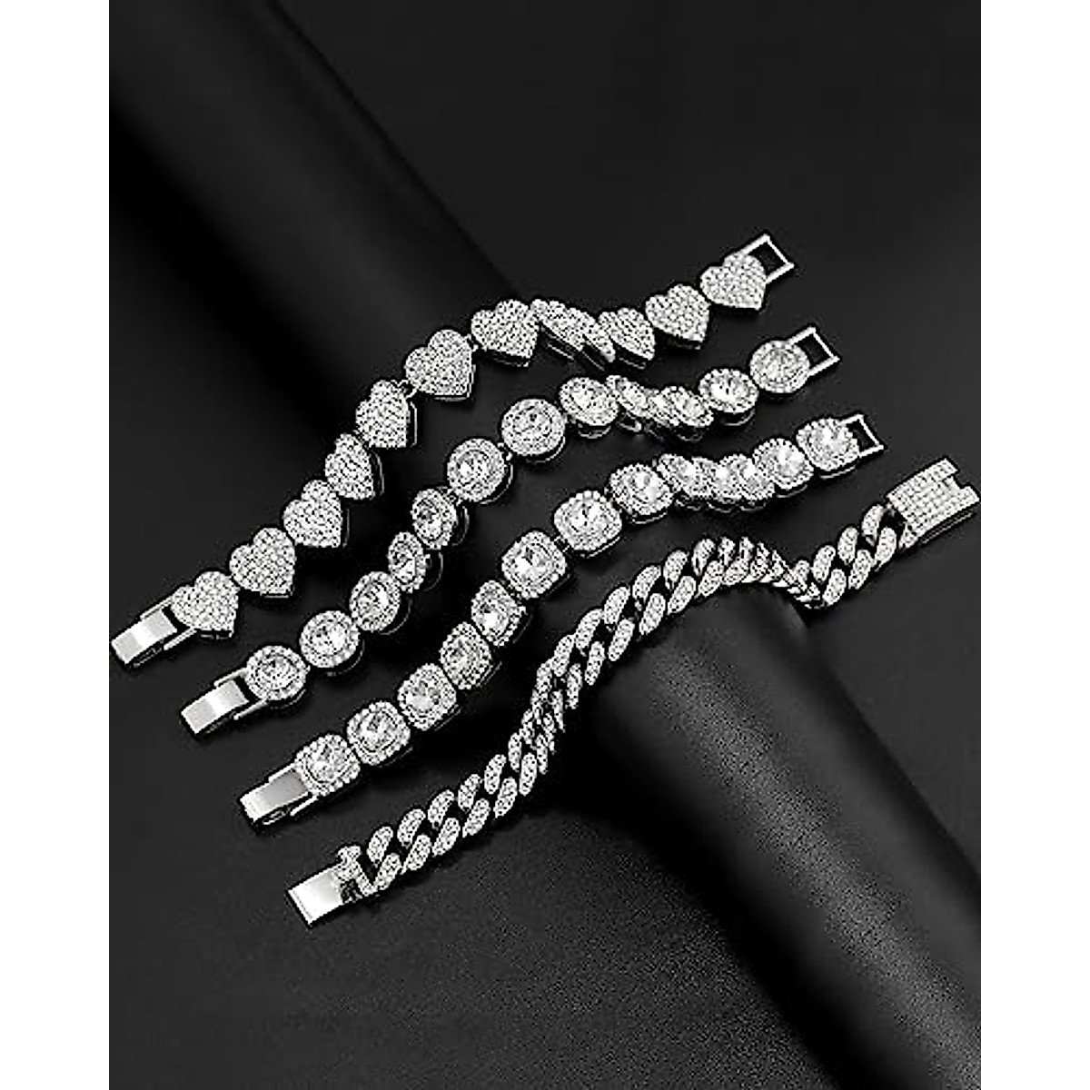 shopbyskyler 4PCS Gold Silver Bracelets for Women Diamond Cuban Bracelet Layered Link Bracelet Set Fashion Jewelry (Silver, 8inch)