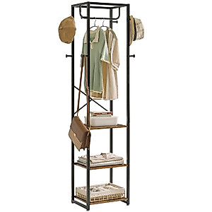 IBUYKE Coat Rack with Shelves, Freestanding Hall Tree with 3 Shelves and 8 Hooks, Industrial Clothes Stand for Entryway, Hallway, Bedroom, Rustic Brown UTMJ088H
