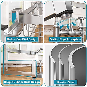 romision Over The Sink Dish Drying Rack, 2-Tier Adjustable Length(33.5-36.2in) Stainless Steel Dish Rack Over Sink, Expandable Large Dish Drainer for Kitchen Counter with 8 Hooks, Sliver