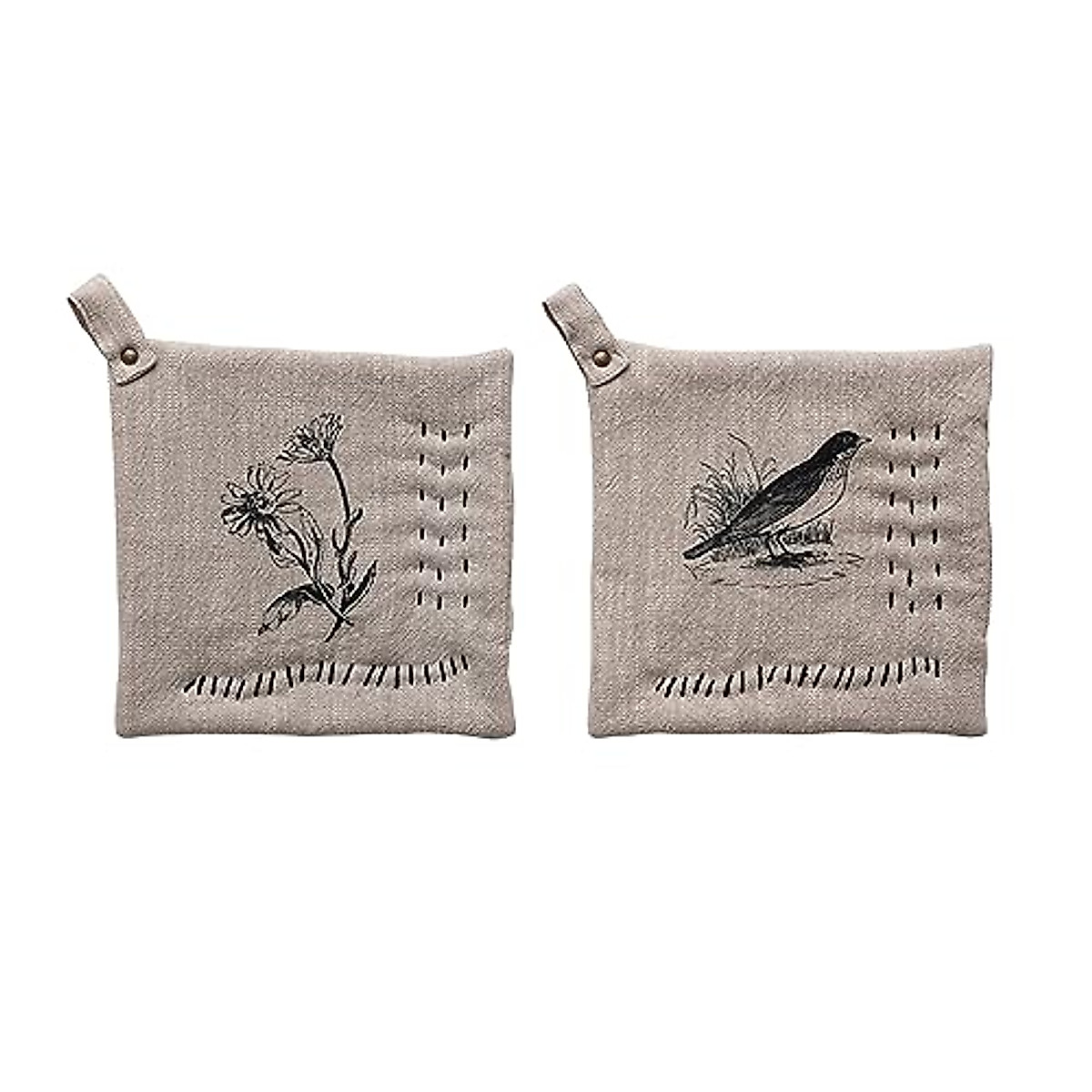 Creative Co-Op 8 Inches Square Cotton Slub Printed Cooking and Kitchenware, Cream and Black, Set of 2 Pot Holders